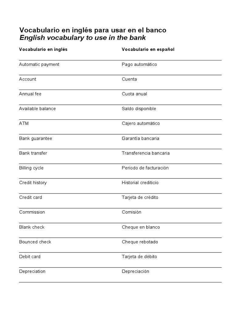 Vocabulario en Ingles para Usar en El Banco Finanzas Empresa | PDF ...