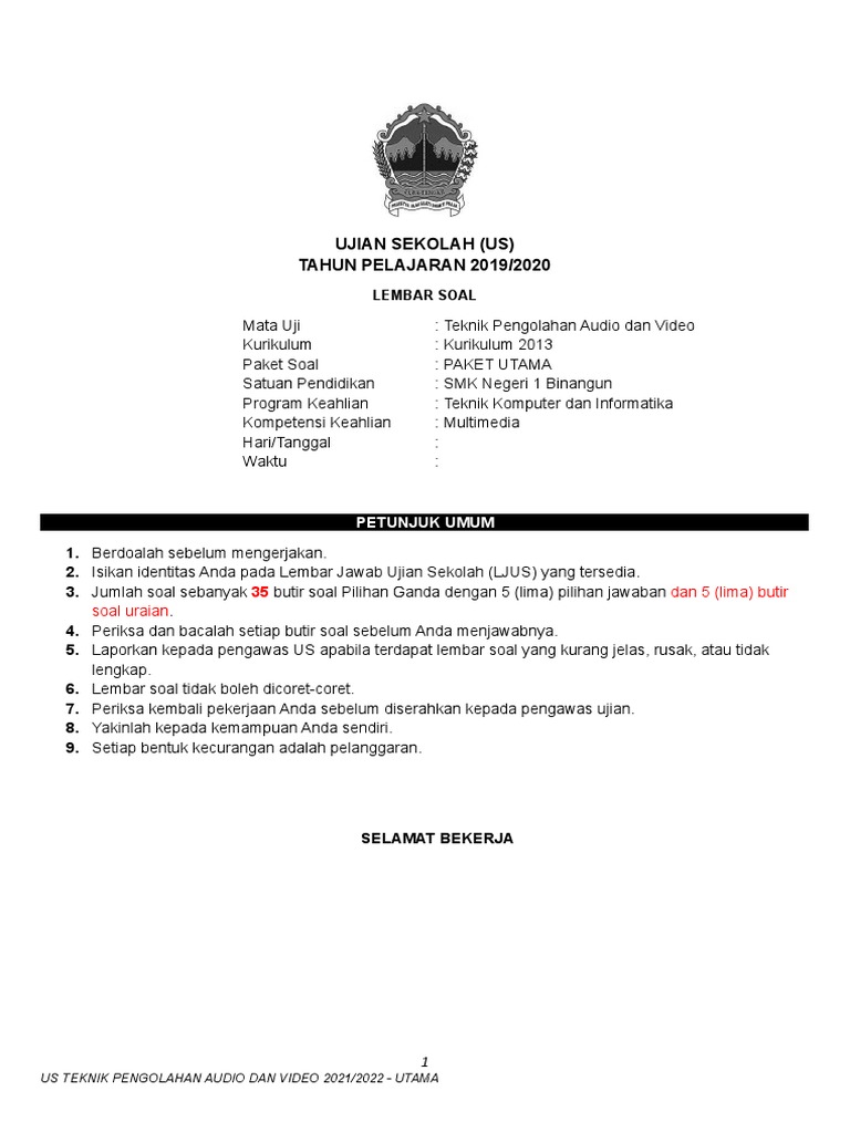 Utama Us 2021-2022 Format Pengumpulan Soal Us 2020 Tpav (C3) | PDF