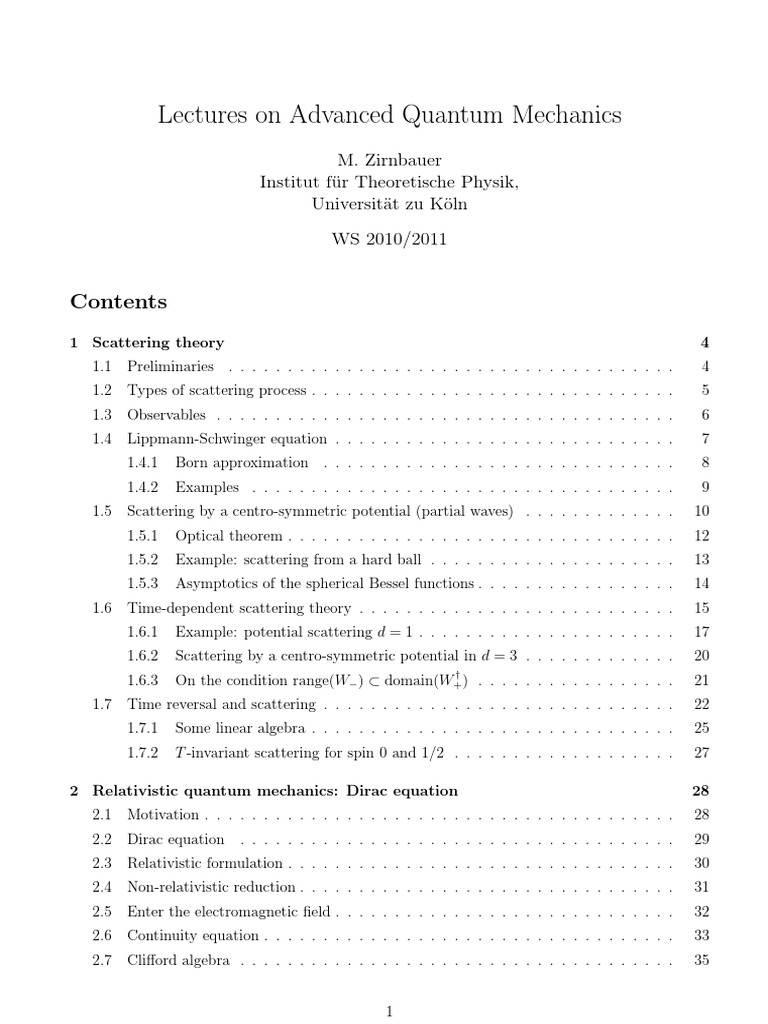 M. Zirnbauer-Lectures On Advanced Quantum Mechanics | PDF | Cross Section (Physics) | Particle ...