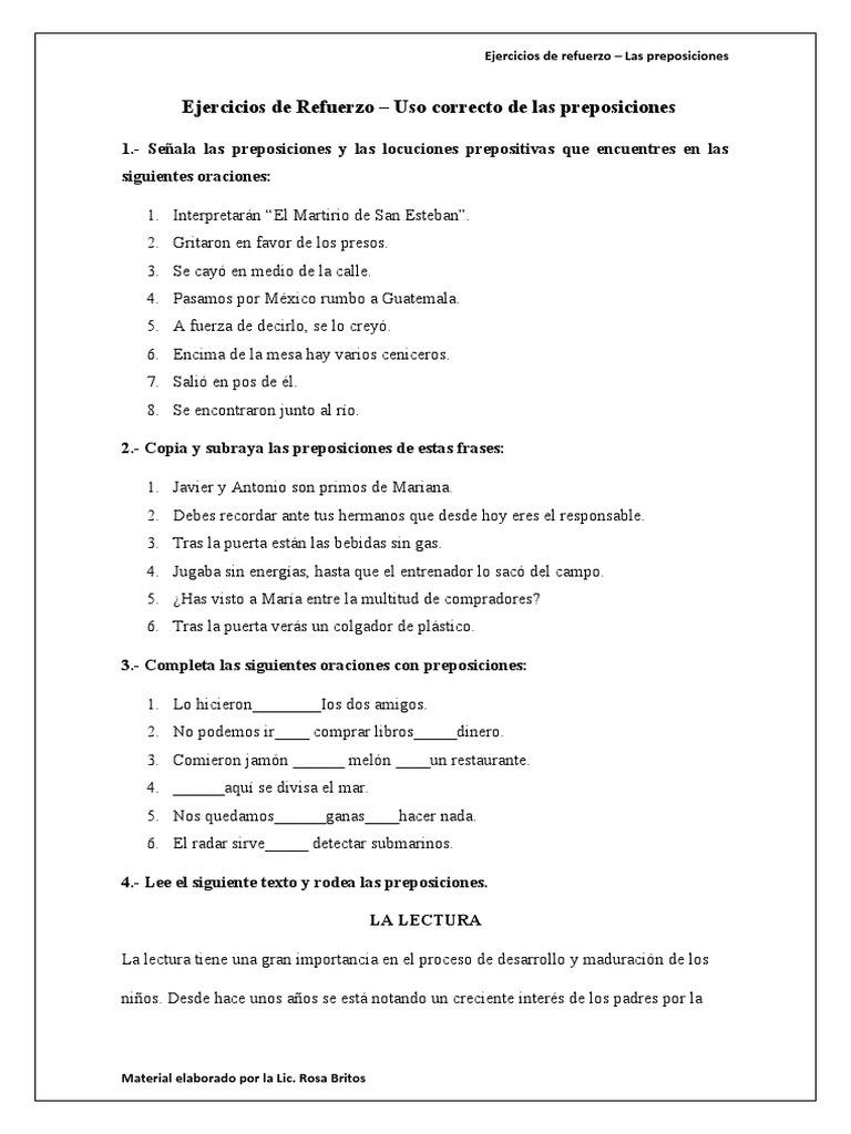 Ejercicios de Preposiciones para Niños | PDF