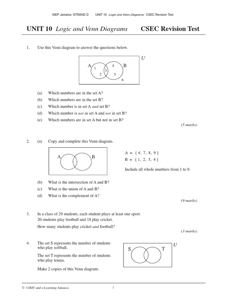 UNIT 10 Logic and Venn Diagrams CSEC Revision Test | PDF | Mathematical ...