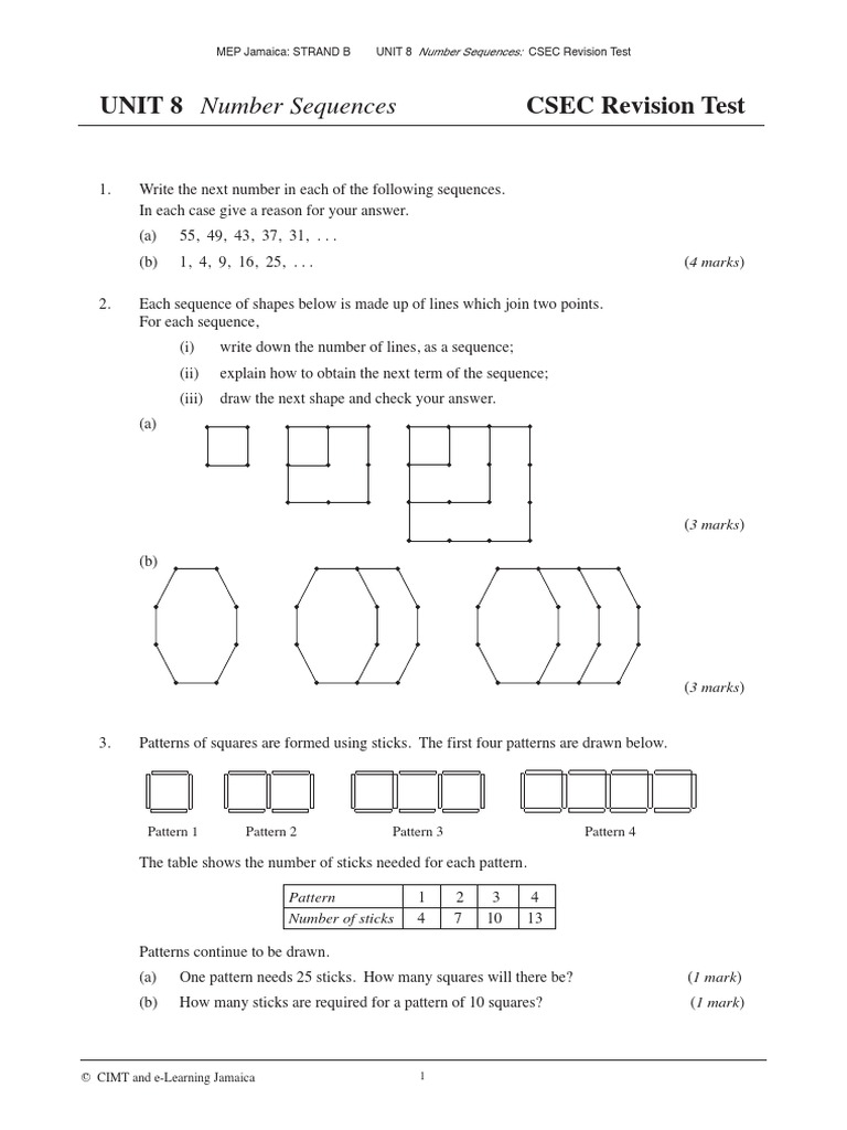 UNIT 8 Number Sequences CSEC Revision Test | Download Free PDF ...