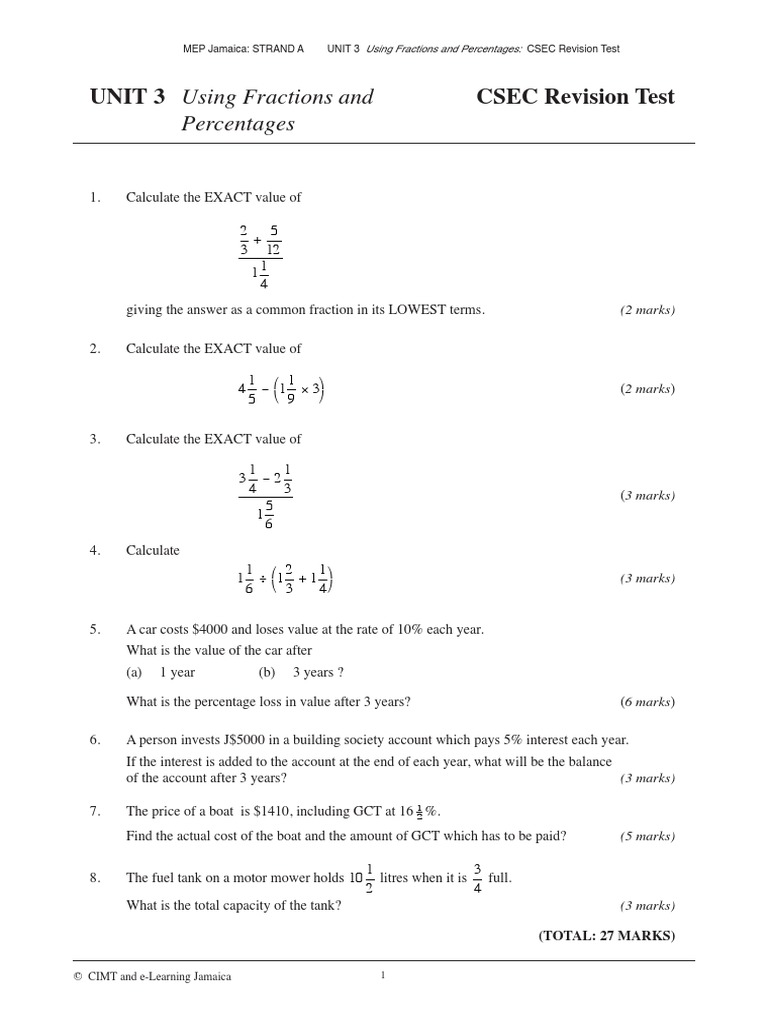 Percentages: UNIT 3 Using Fractions and CSEC Revision Test | PDF ...