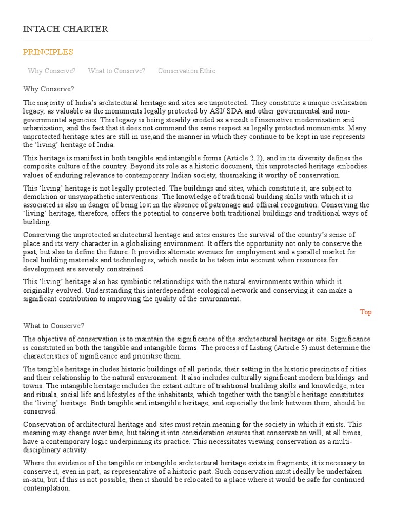 INTACH CHARTER PRINCIPLES | PDF | Cultural Heritage | Traditions