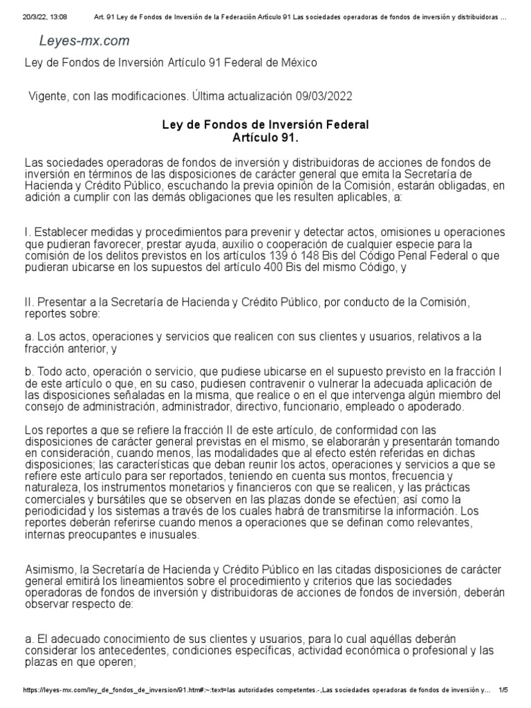 Ley de Fondos de Inversión Federal Artículo 91 | PDF | Multa (pena) | Inversiones