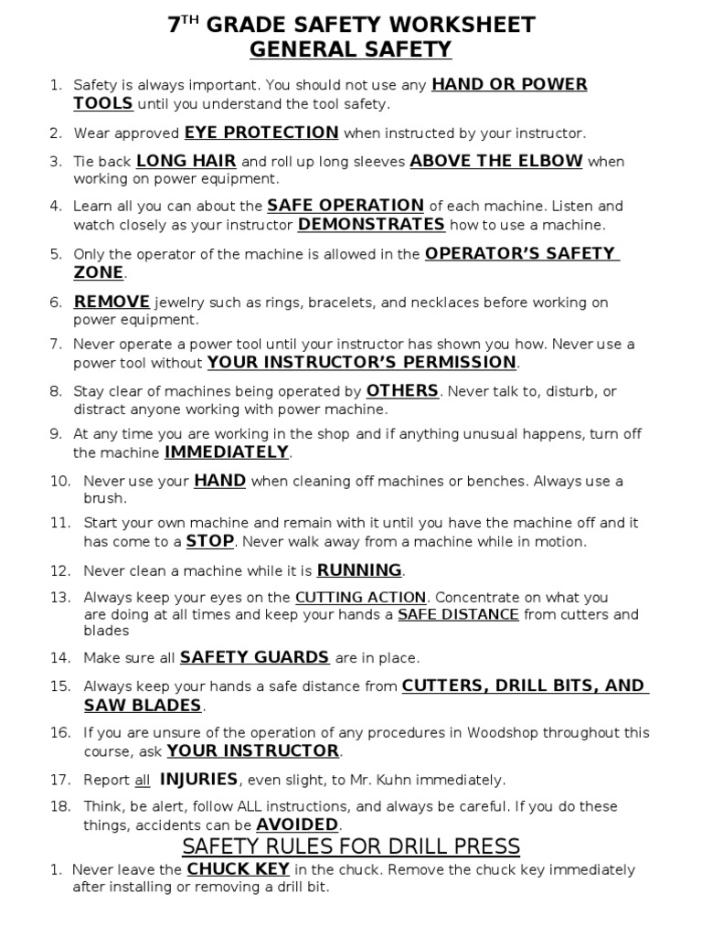 7th Grade Woodshop Safety Guidelines | PDF | Drill | Tools