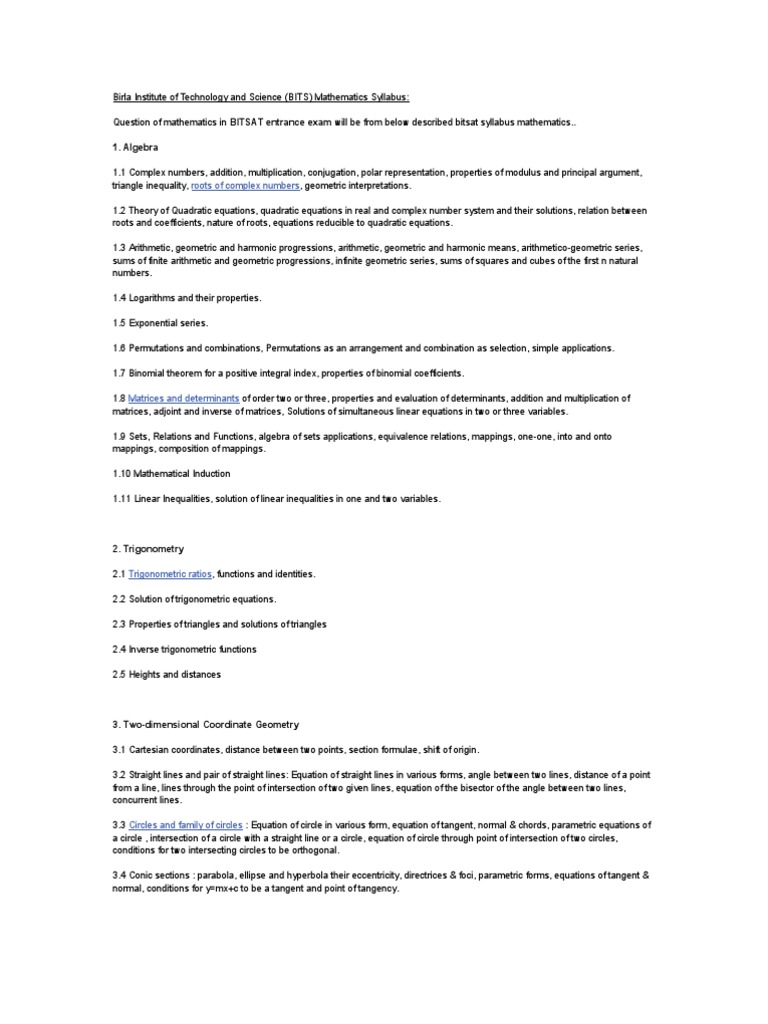 BITSAT Mathematics Syllabus Overview | PDF | Trigonometric Functions ...