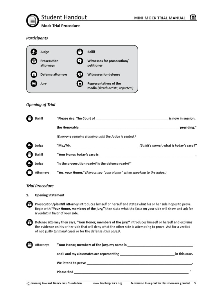Mock Trial Student Handouts | PDF | Witness | Lawsuit