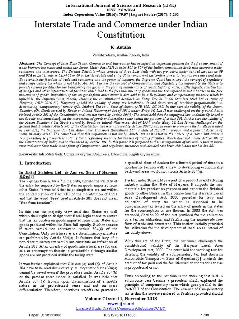 Interstate Trade and Commerce Under Indian Constitution: K. Anusha ...