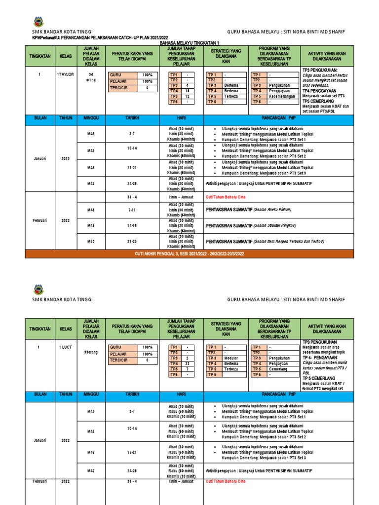 Catch Up Plan Bahasa Melayu - Tingkatan 1 | PDF