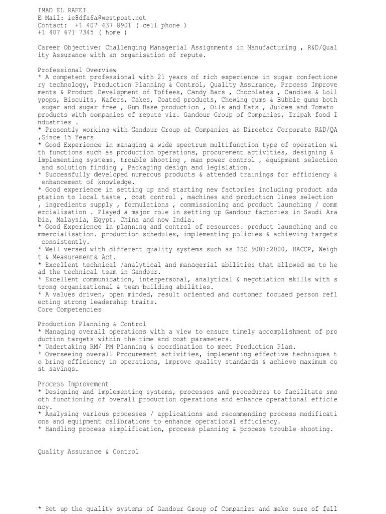 R&D Director/Manager | PDF | Quality Assurance | Confectionery