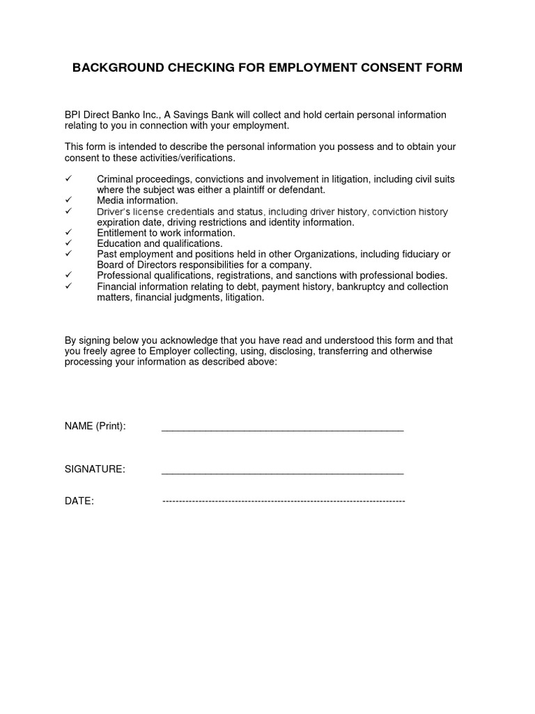 Background Checking Employment Consent Form - Template | PDF