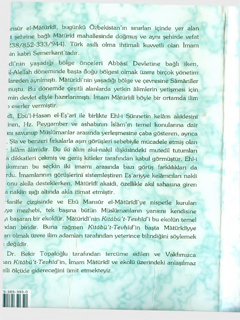 Kitâbut-Tevhîd - İmam Mâturîdî (Terc Bekir Topaloğlu) | PDF