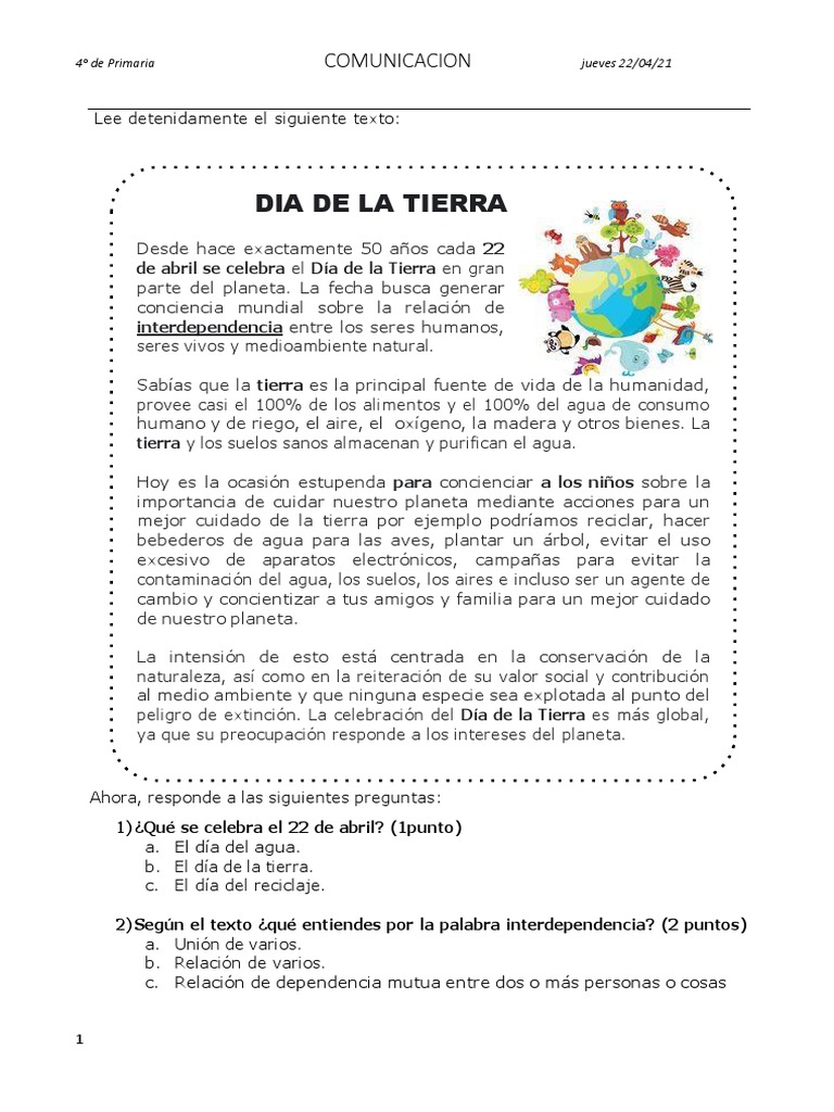 Jueves 22 de Abril Comprensión Texto Dia de La Tierra | PDF | Agua | Tierra