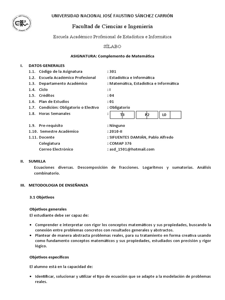 Sílabo Complemento de Matemática | PDF | Evaluación | Ecuaciones