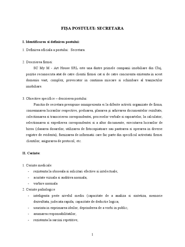 Fisa Postului Secretara | PDF