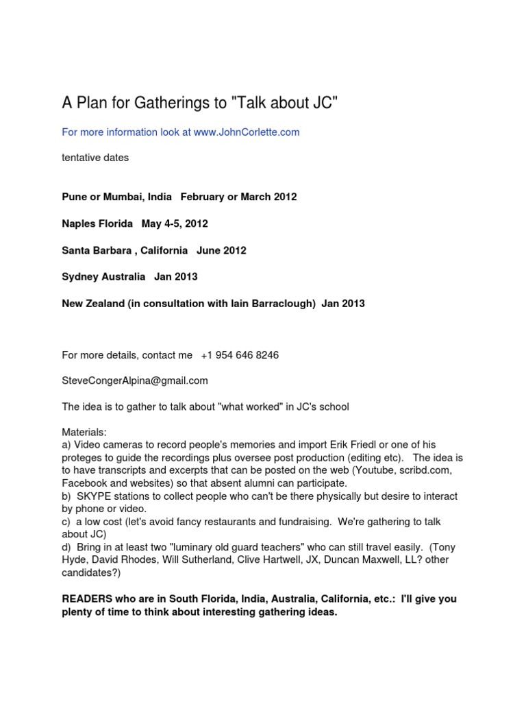 JC Gathering Plan For 2012 and 2013 India, Florida, California ...