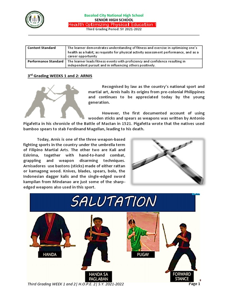 3 Grading WEEKS 1 and 2: ARNIS: Health Optimizing Physical Education 1 ...