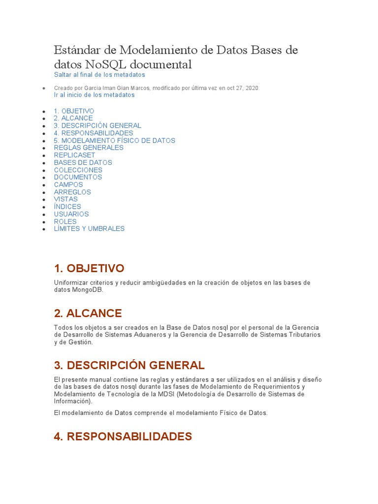 Estándar de Modelamiento de Datos Bases de Datos NoSQL Documental | PDF | Mongo Db | Bases de datos