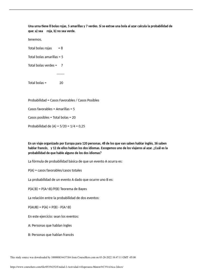 Unidad 2 Actividad 4 Esperanza Matem Tica 2 | PDF | Probabilidad | Probabilidades y estadísticas