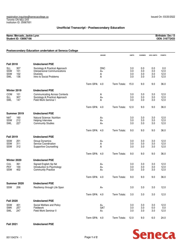 Unofficial Transcript - Seneca College - March 20, 2022 | PDF ...