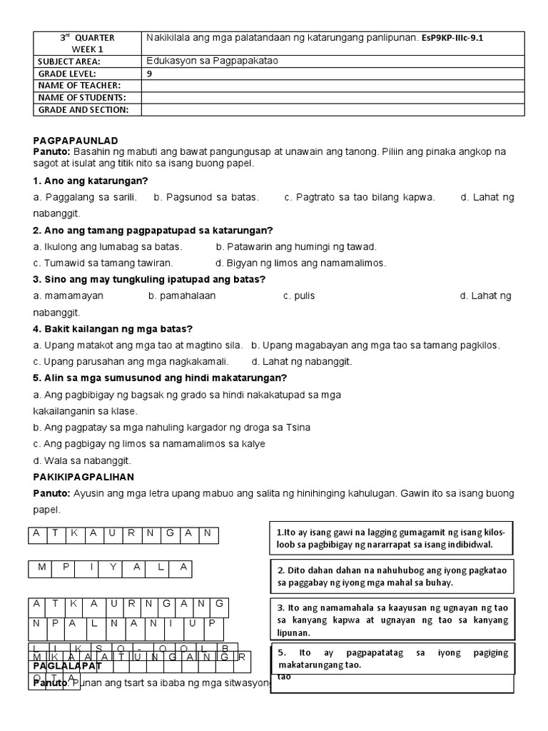 3rd QUARTER WEEK 1 ACTIVITY SHEET IN ESP 9 | PDF