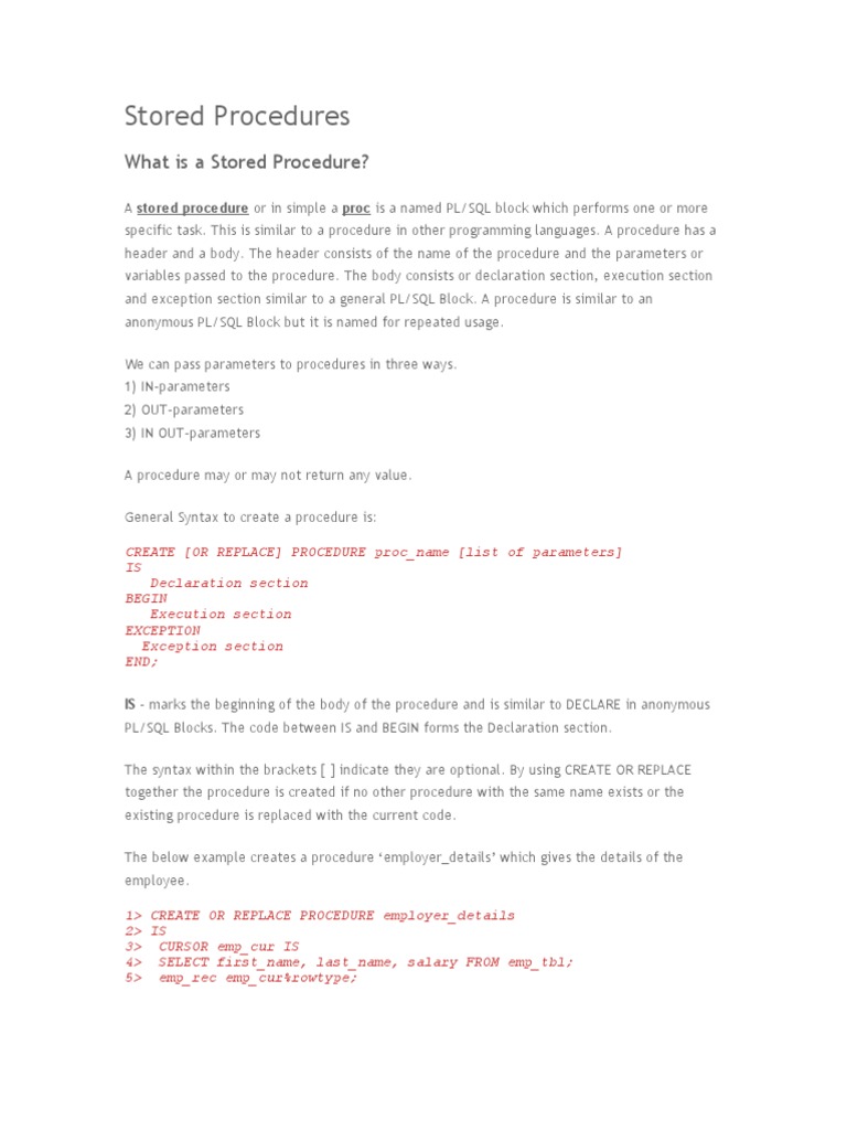 Stored Procedures | PDF | Parameter (Computer Programming) | Pl/Sql