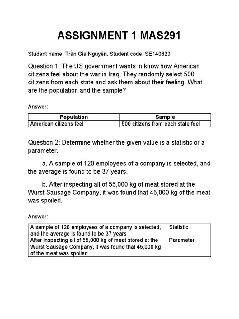 Assignment 1 Mas291: Population Sample | Download Free PDF | Statistic | Scientific Method