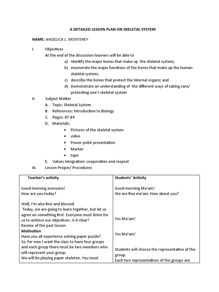 Detailed Lesson Plan | PDF | Skeleton | Bone