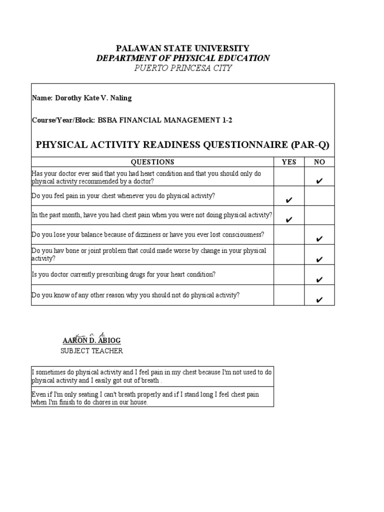 Physical Activity Readiness Questionnaire (Par-Q) : Department of ...
