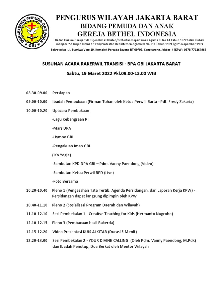 SUSUNAN ACARA RAKERWIL Transisi - BPA JAKBAR | PDF