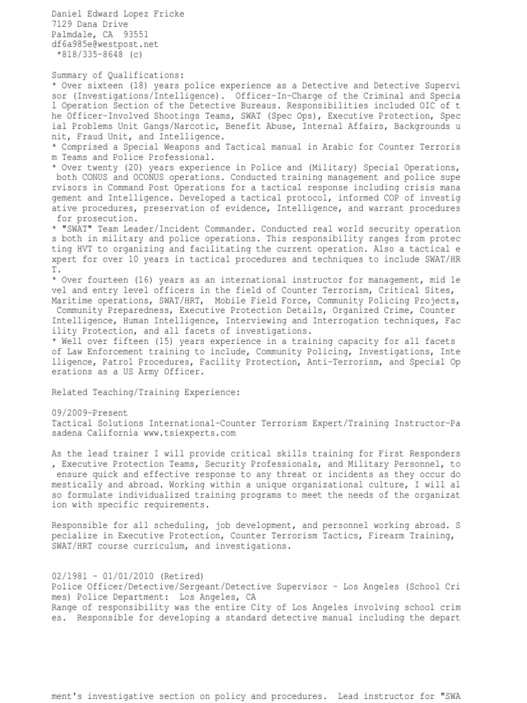 Danny Fricke: Law Enforcement Expertise | PDF | Counter Terrorism | Swat