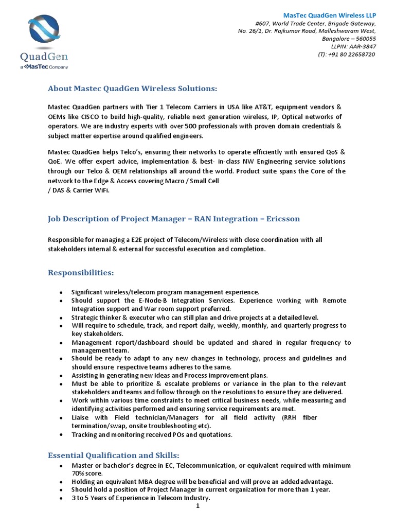 Mastec QuadGen Wireless LLP Project Manager Job | PDF ...