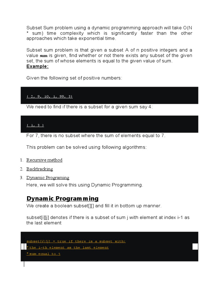 Subset Sum Problem Using A Dynamic Programming | PDF