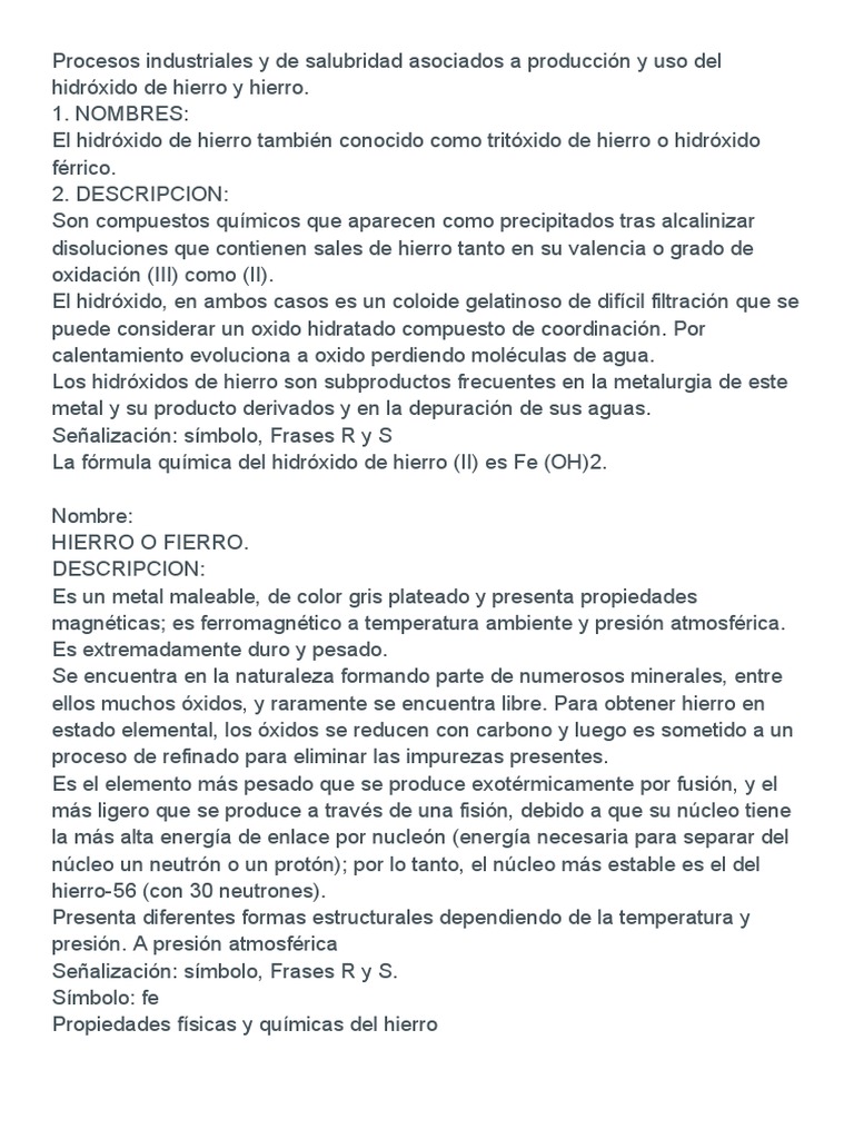 Fórmula y propiedades del hidróxido ferroso | PDF | Hierro | Rieles