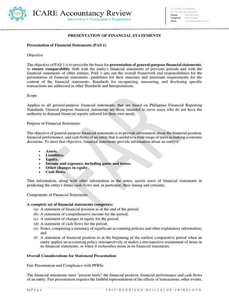 Presentation of Financial Statements: Key Requirements of PAS 1 | PDF ...