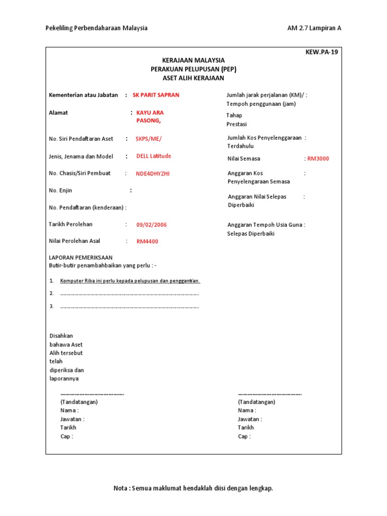 KEW - PA-19 Kerajaan Malaysia Perakuan Pelupusan (Pep) Aset Alih ...