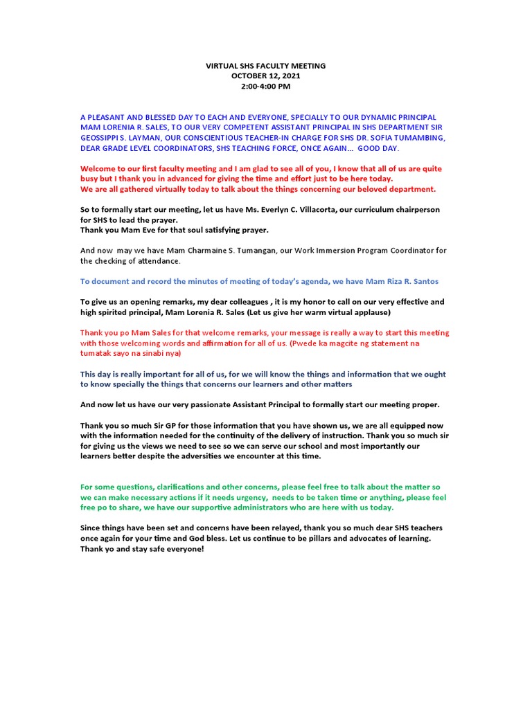 Virtual Shs Faculty Meeting Script | PDF | Learning | Behavior Modification