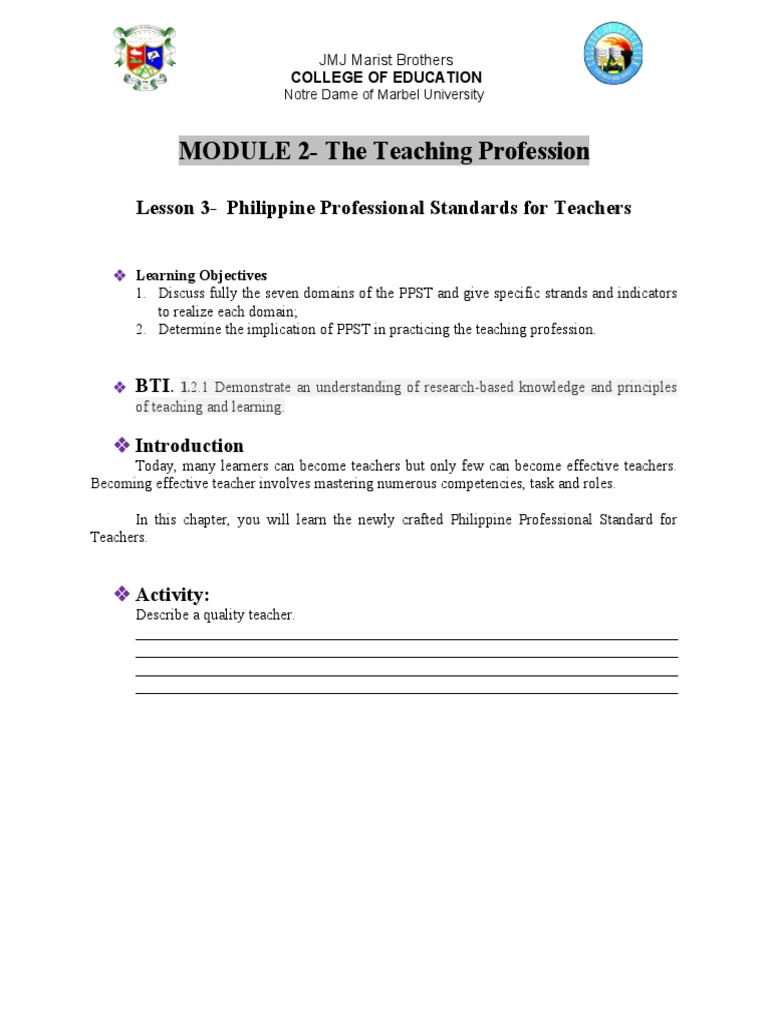 MODULE 2-The Teaching Profession: Lesson 3 - Philippine Professional Standards For Teachers ...