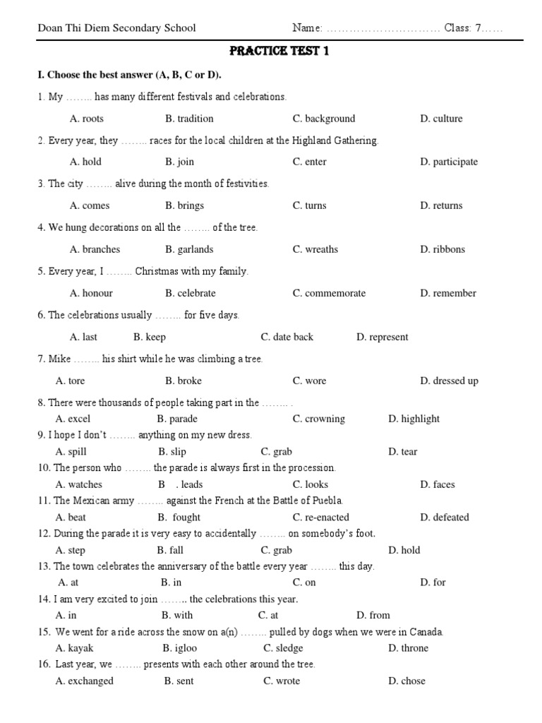 Practice Test 1: Festivals and Celebrations | PDF