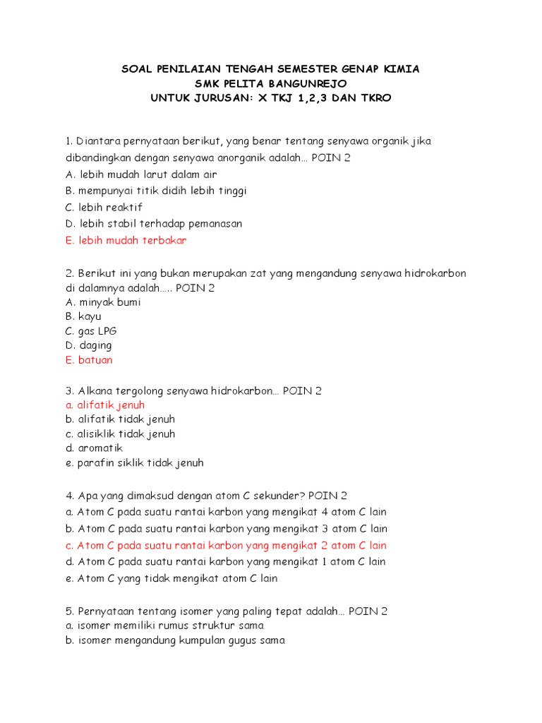 Soal PTS Genap Kimia SMK X TKJ & TKR | PDF