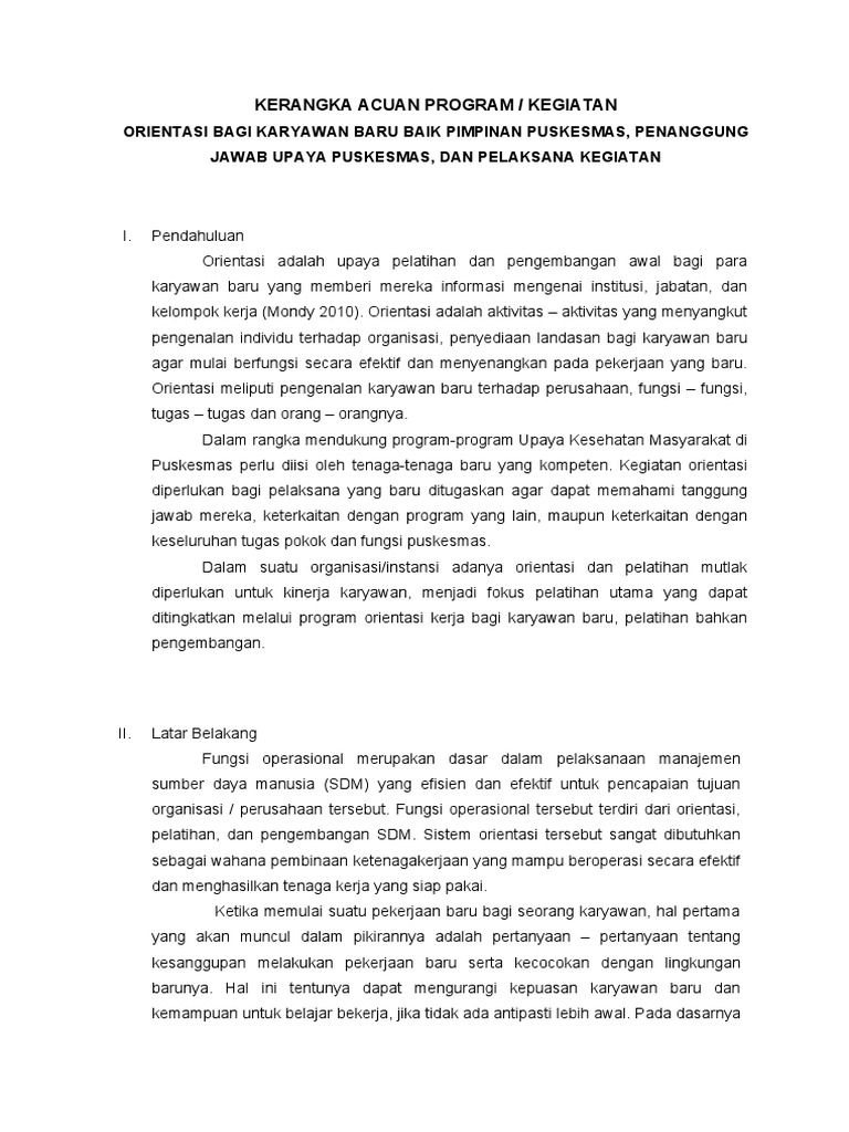 5.1.2.2 KAK Program Orientasi Yang Ditetapkan Oleh Kepala Puskesmas | PDF | Karier & Perkembangan