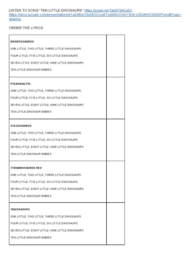 Ten Little Dinosaurs Song Activity | PDF