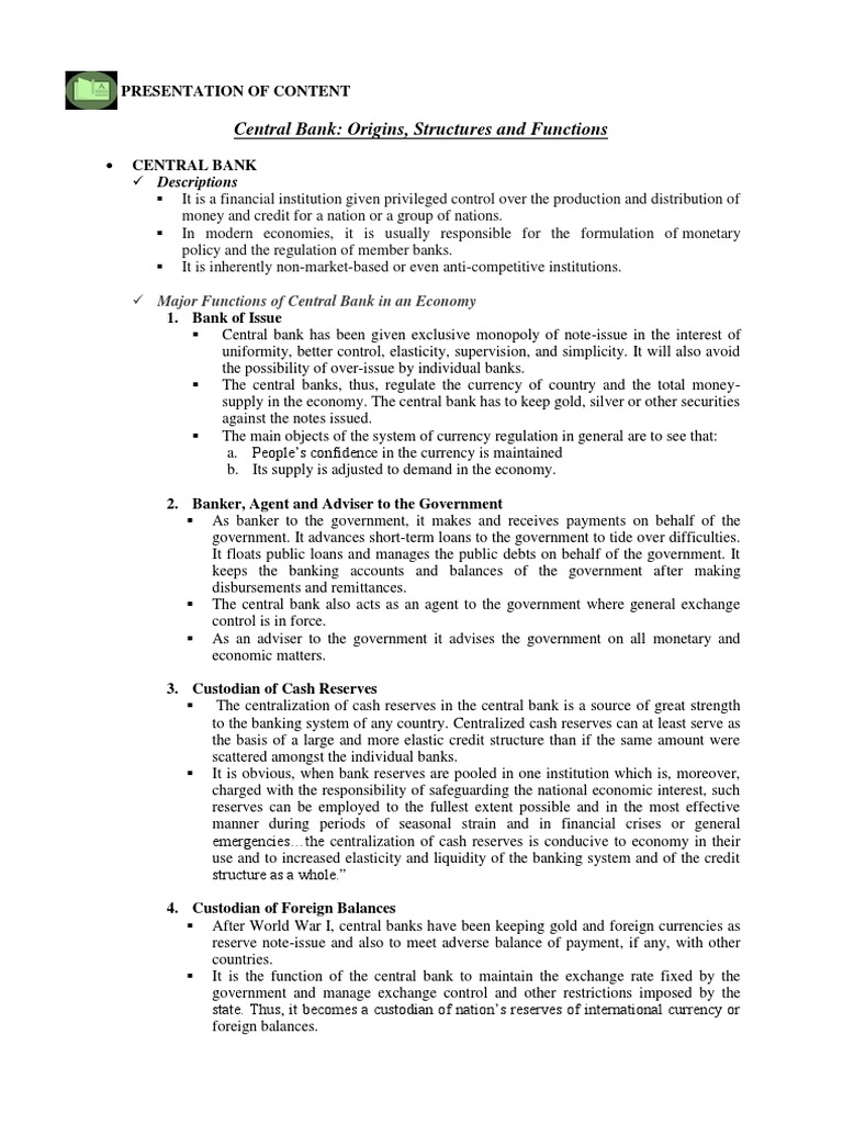 Functions of a Central Bank Explained | PDF | Central Banks | Banks