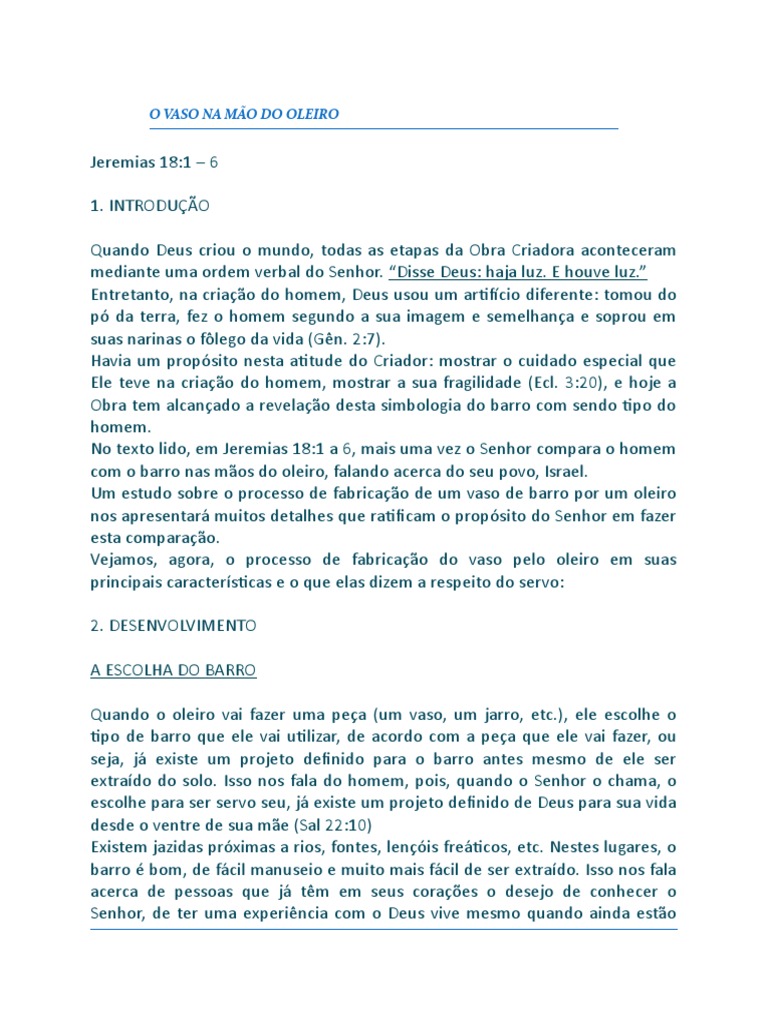 O Vaso Na Mão Do Oleiro Pdf Deus Cerâmica