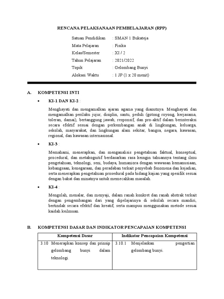RPP Fisika Kelas XI: Gelombang Bunyi | PDF | Kajian Bahasa Asing ...