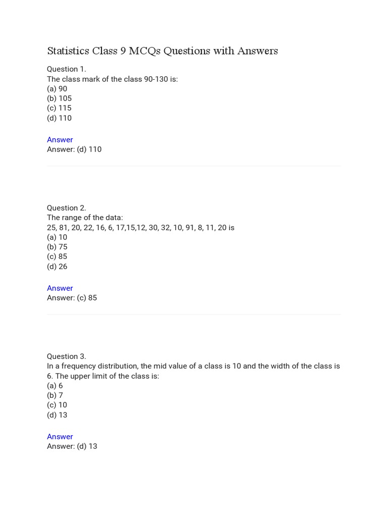Statistics Class 9 MCQs Questions With Answers | PDF | Interval (Music ...