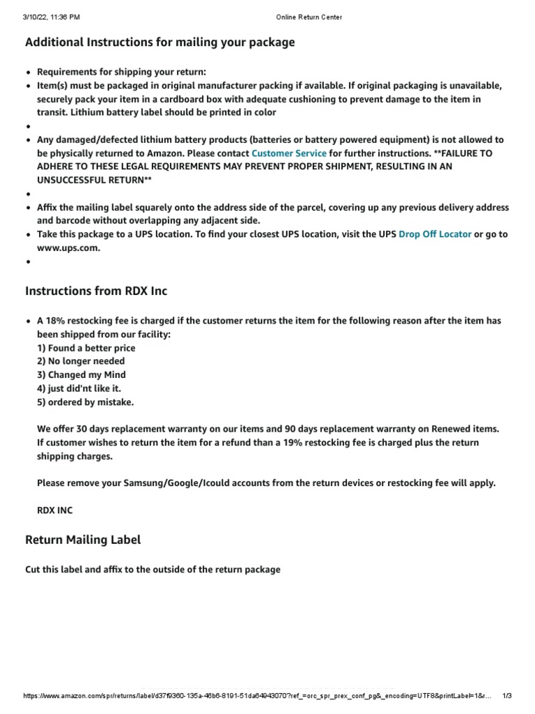 Additional Instructions For Mailing Your Package: Customer Service ...