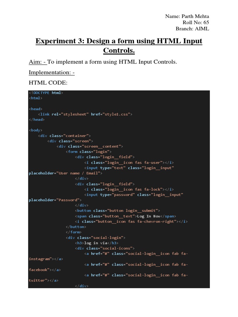 Experiment 3: Design A Form Using HTML Input Controls | PDF | Html5 | Computing