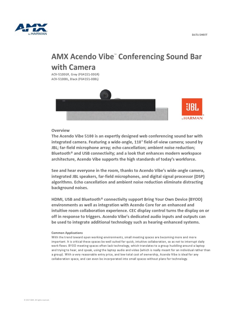 AMX Acendo Vibe Conferencing Sound Bar With Camera: Data Sheet | PDF ...